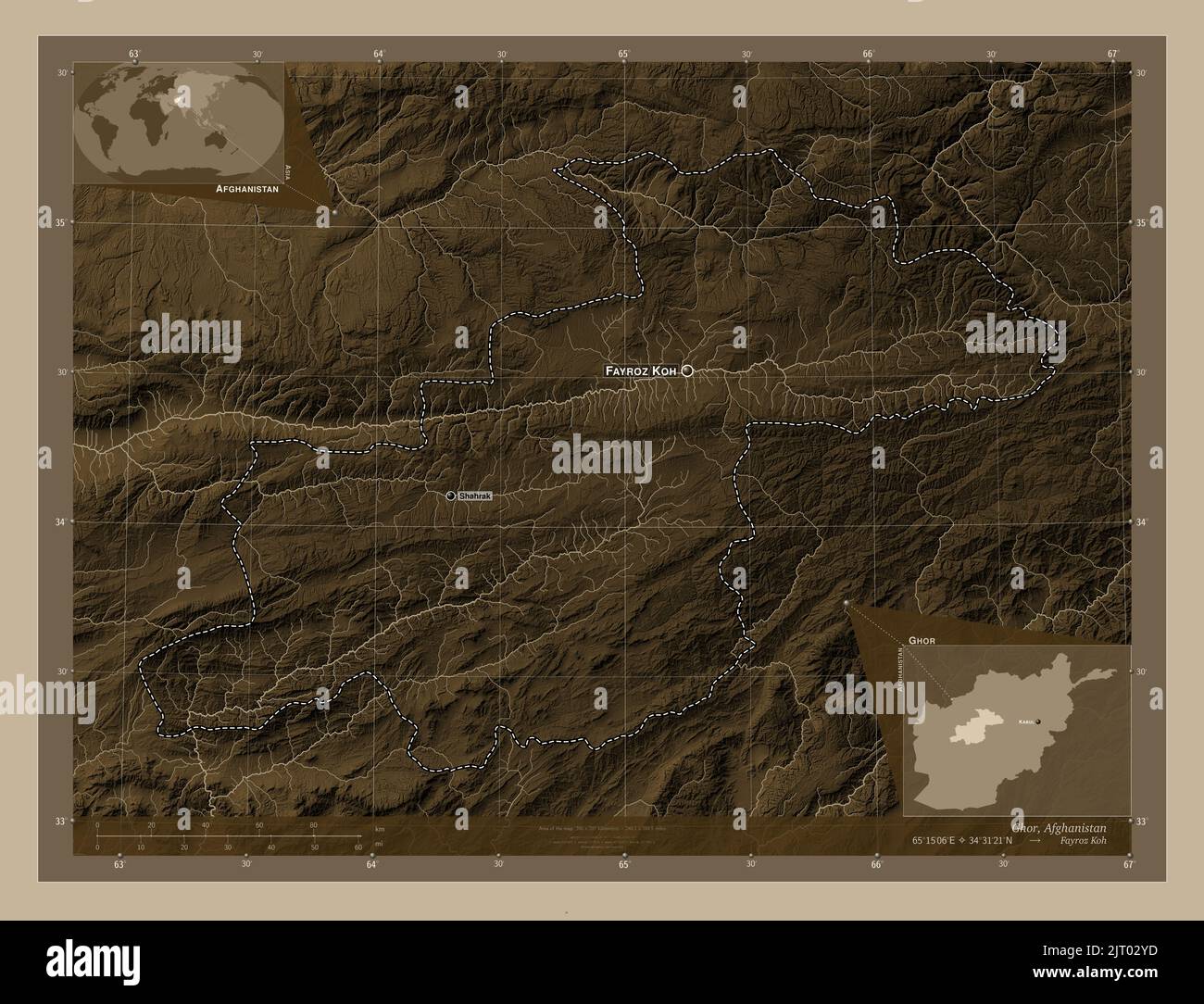 Ghor, province of Afghanistan. Elevation map colored in sepia tones ...