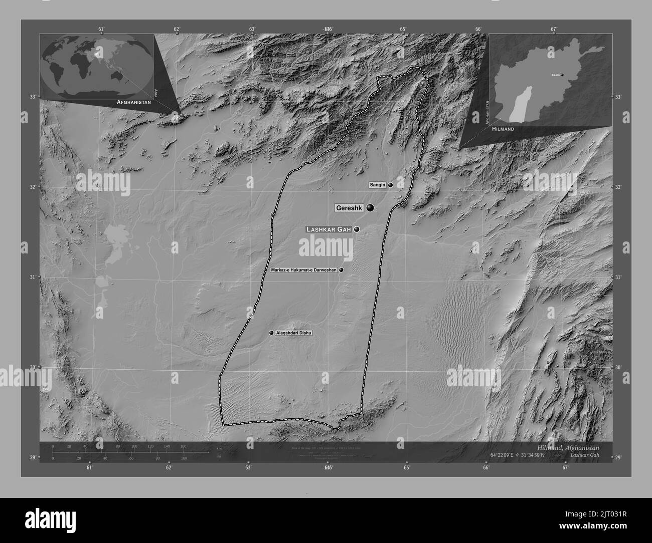 Hilmand, province of Afghanistan. Bilevel elevation map with lakes and ...