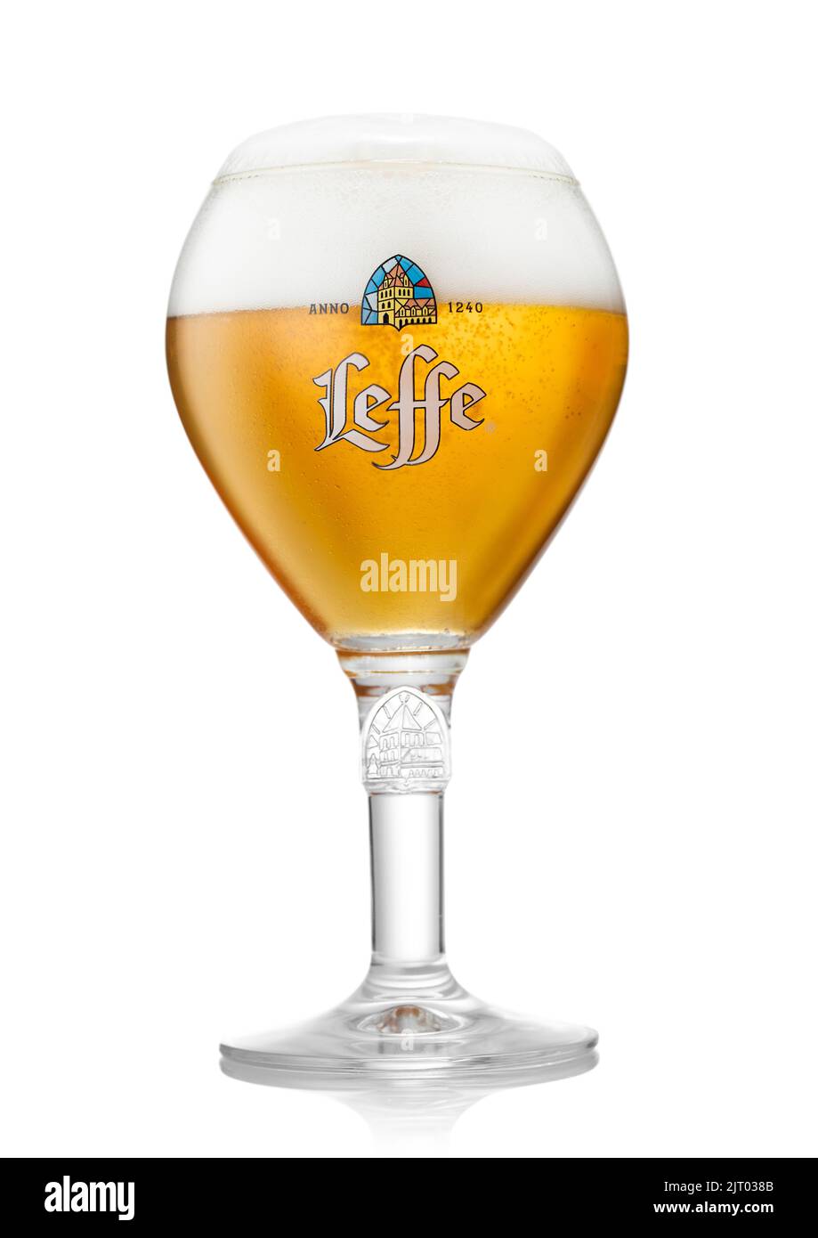 LONDON, UK - AUGUST 16, 2022: Glass of Leffe Blond lager beer with ...