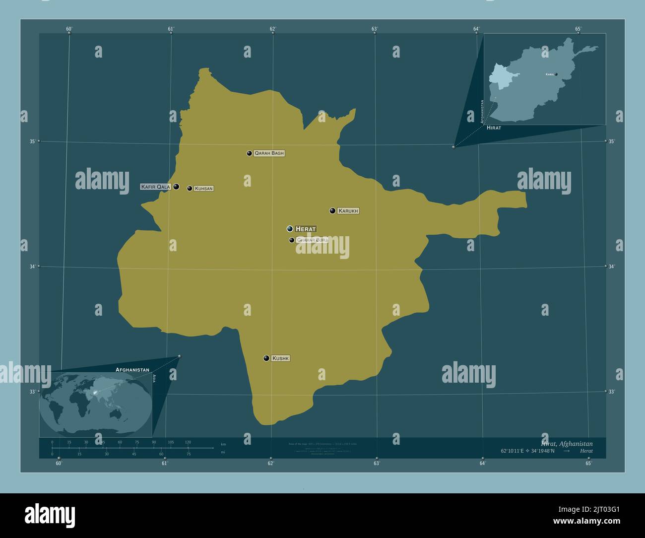 Hirat, province of Afghanistan. Solid color shape. Locations and names ...
