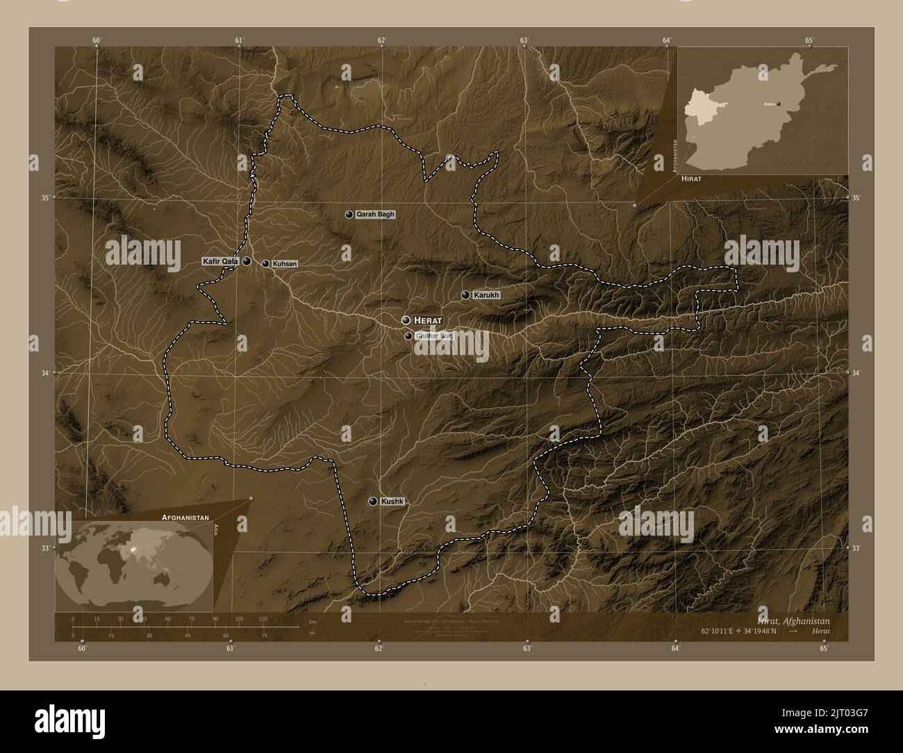 Hirat, province of Afghanistan. Elevation map colored in sepia tones ...