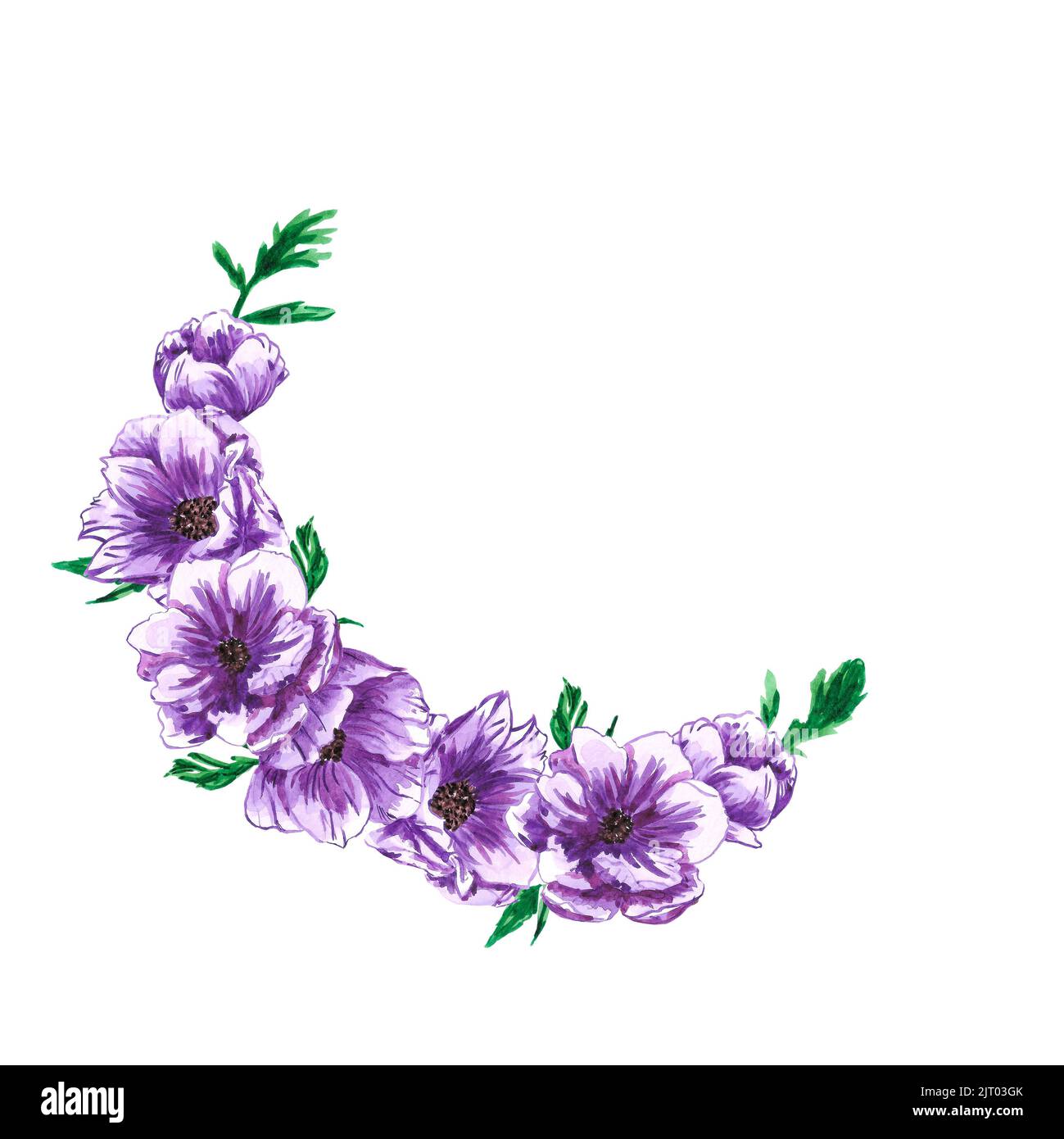 Handdrawn anemone wreath. Watercolor wind flower on the white ...