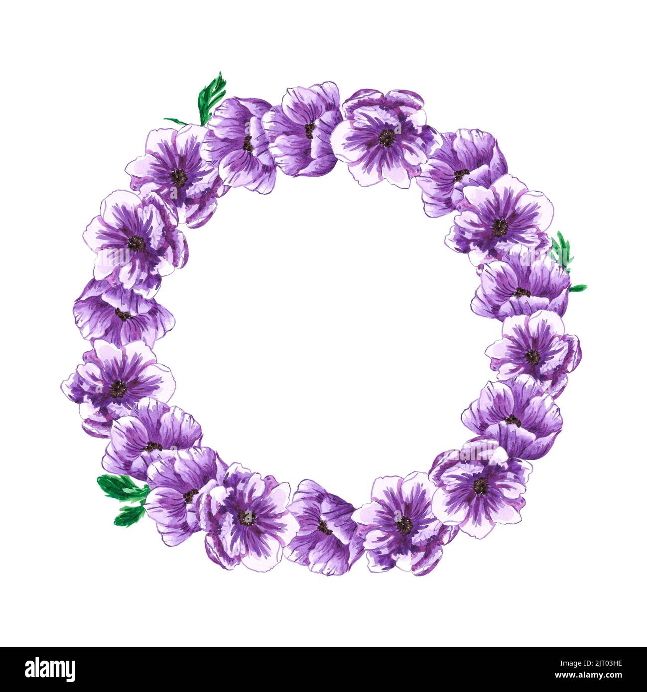 Handdrawn anemone wreath. Watercolor wind flower on the white ...