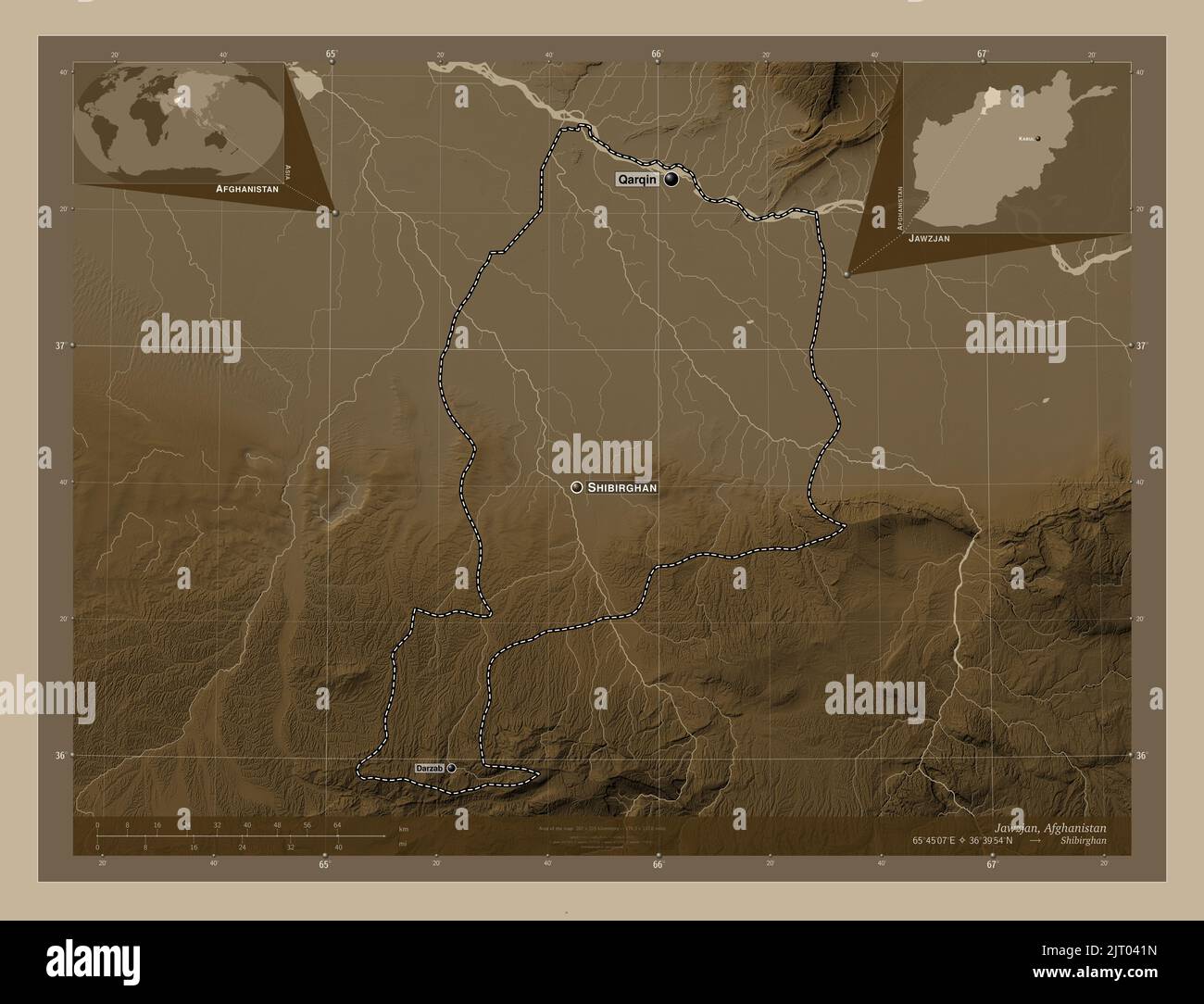 Jawzjan, province of Afghanistan. Elevation map colored in sepia tones ...