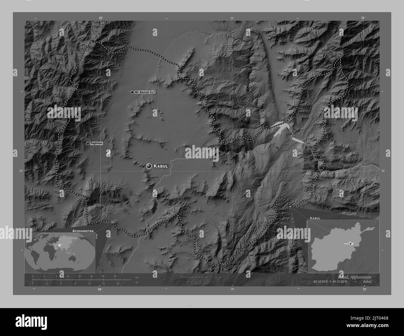 Kabul, province of Afghanistan. Grayscale elevation map with lakes and ...