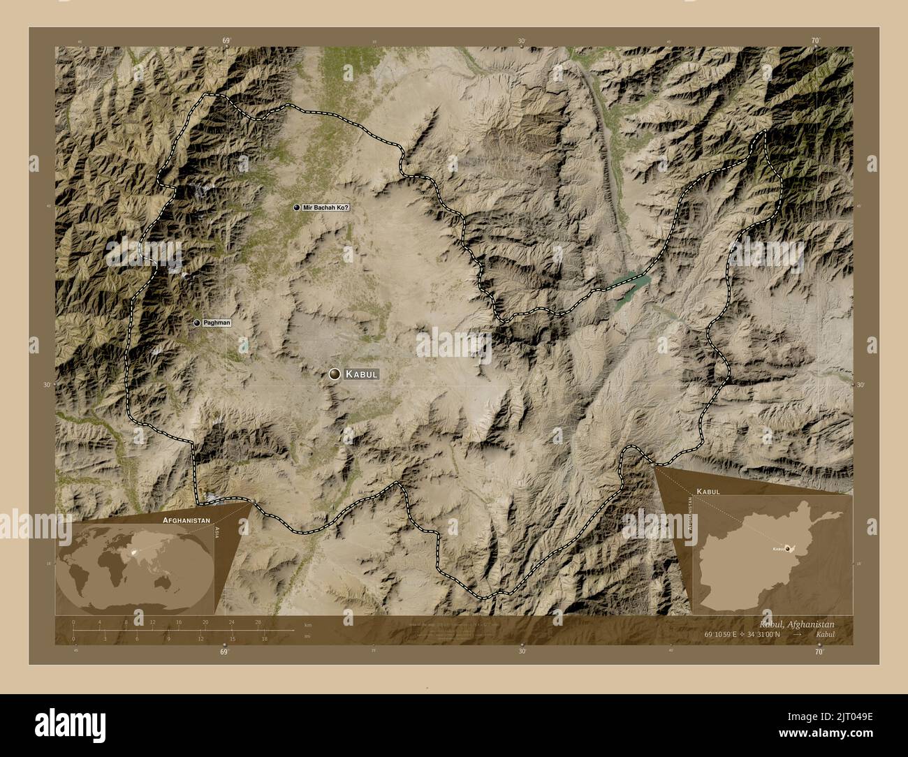 Kabul, province of Afghanistan. Low resolution satellite map. Locations ...