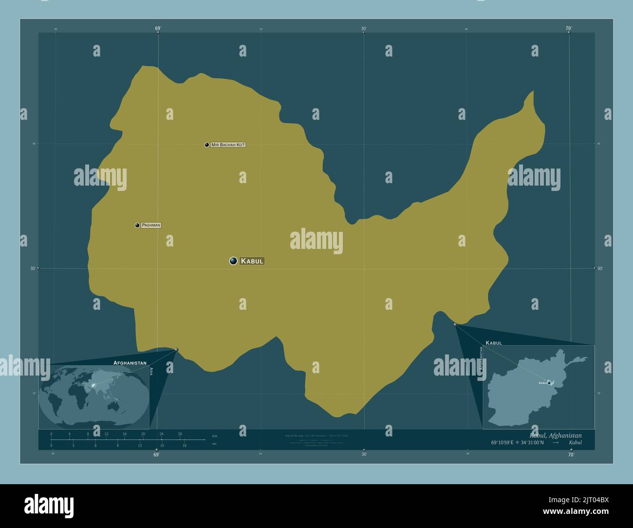 Kabul, province of Afghanistan. Solid color shape. Locations and names ...