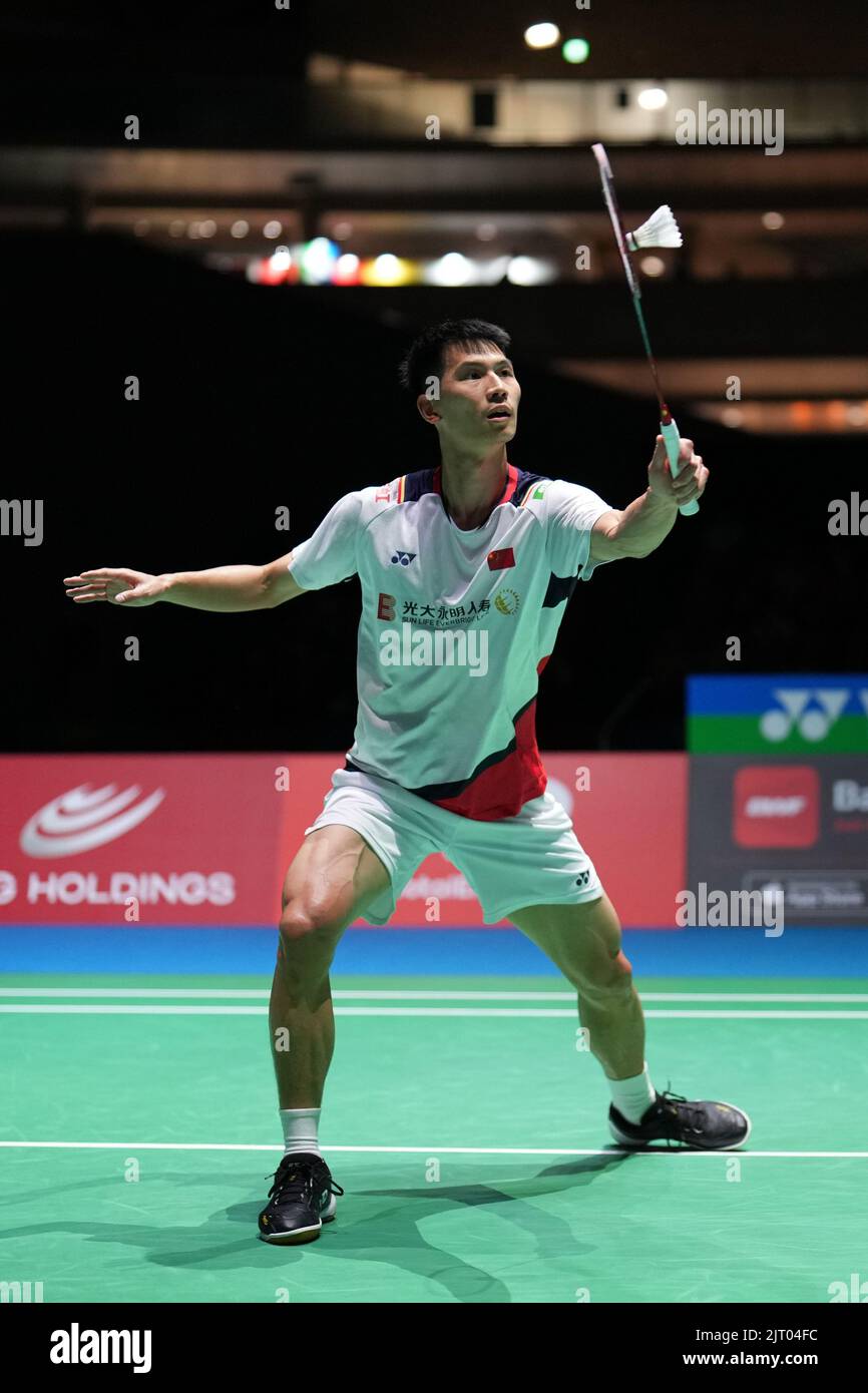 Tokyo, Japan. 27th Aug, 2022. Zhao Junpeng of China hits a return during the men's singles ...