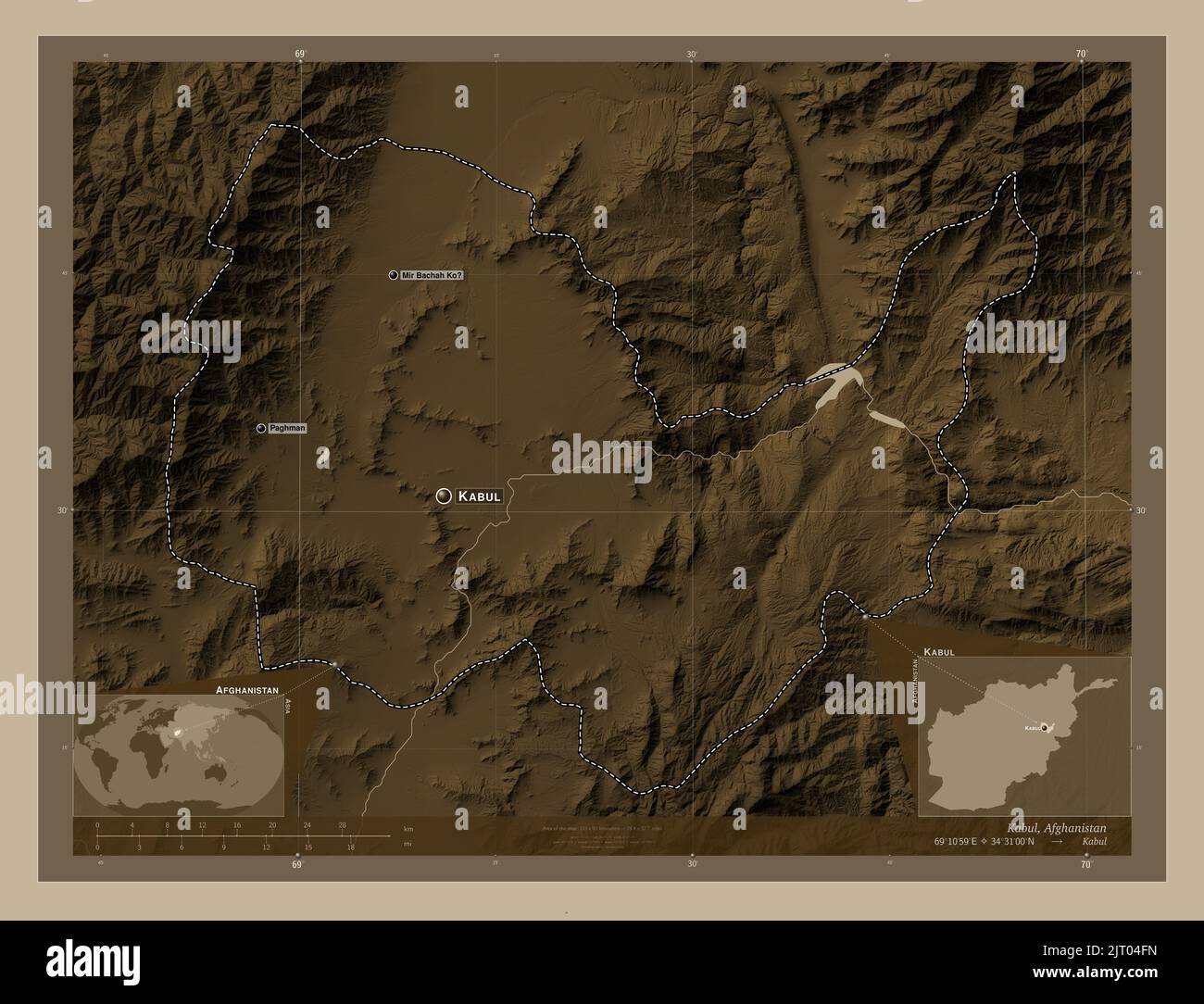 Kabul, province of Afghanistan. Elevation map colored in sepia tones ...
