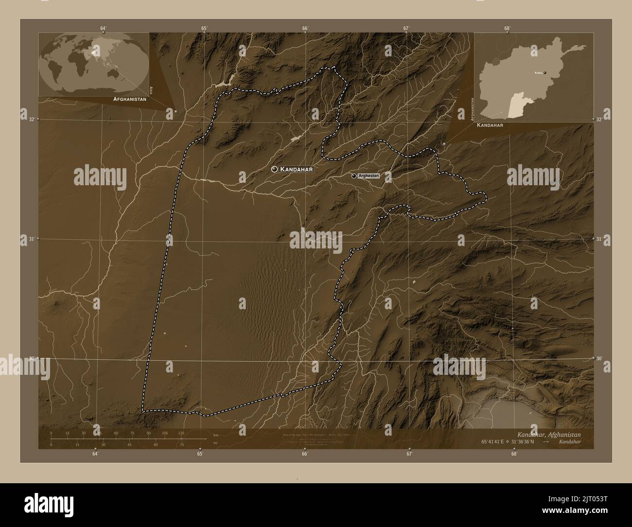 Kandahar, province of Afghanistan. Elevation map colored in sepia tones ...