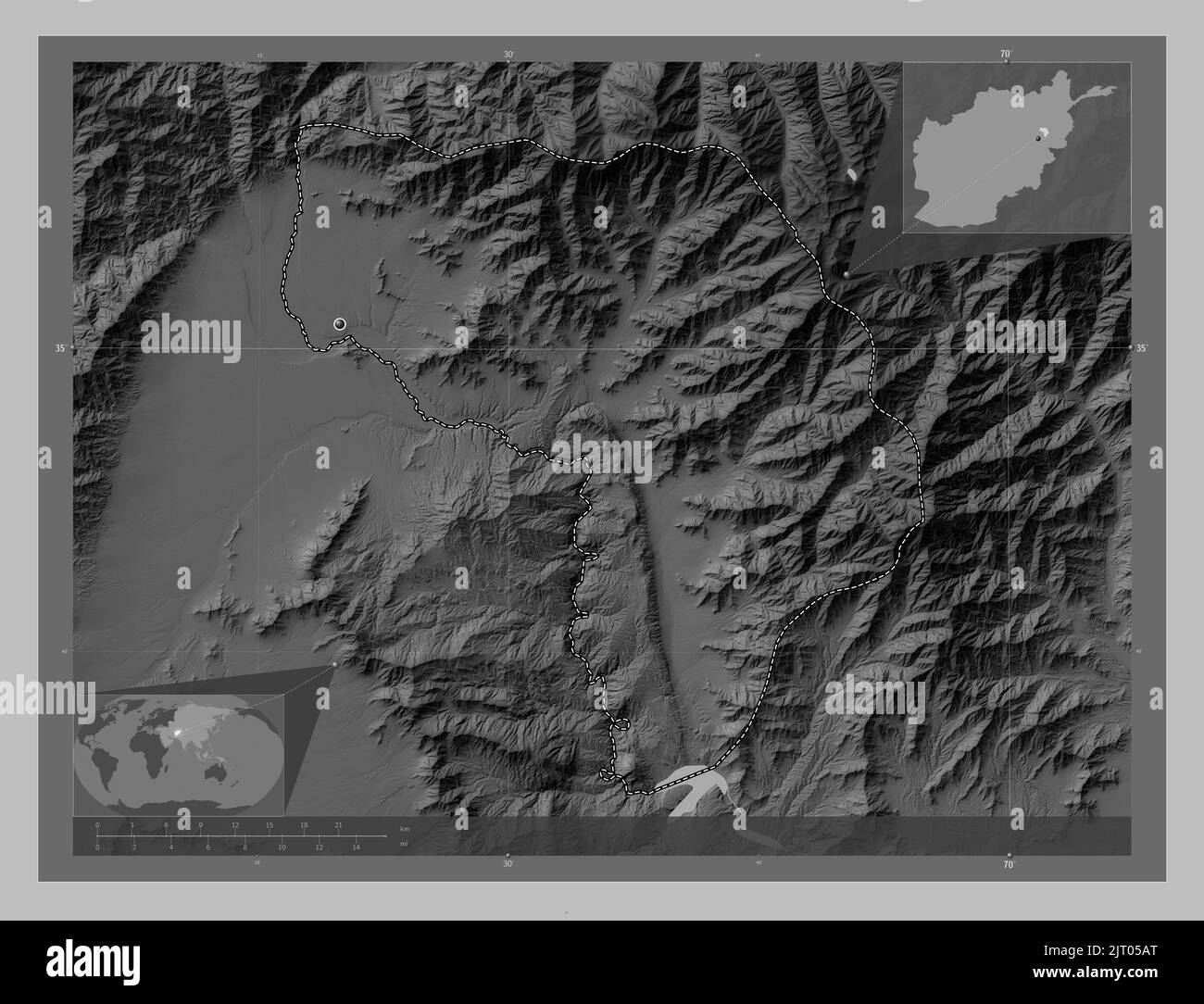 Kapisa, province of Afghanistan. Grayscale elevation map with lakes and ...