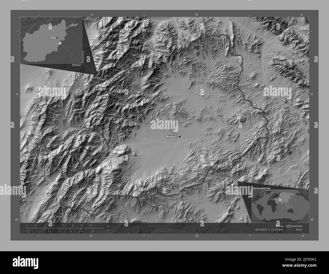 Khost, province of Afghanistan. Bilevel elevation map with lakes and ...