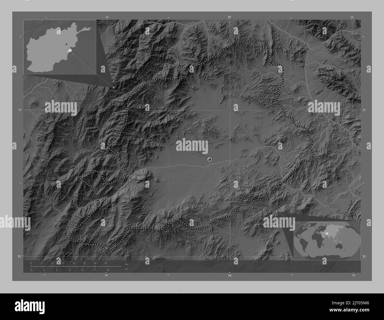 Khost, province of Afghanistan. Grayscale elevation map with lakes and ...