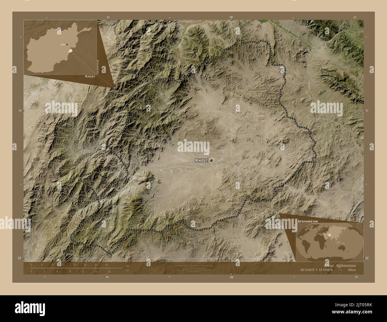 Khost, province of Afghanistan. Low resolution satellite map. Locations ...