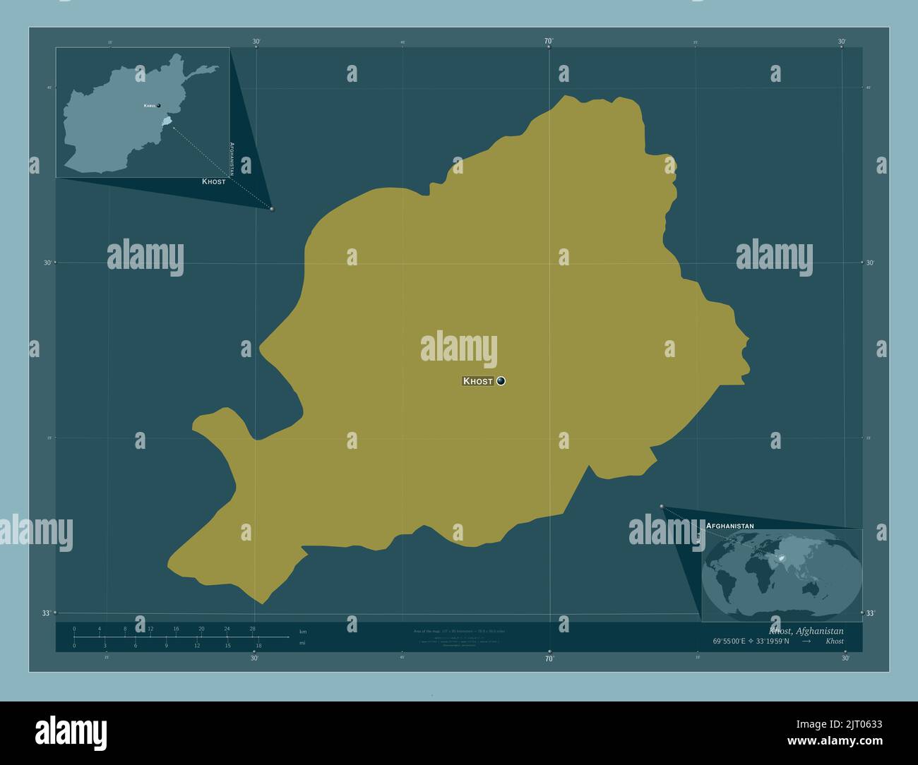 Khost, province of Afghanistan. Solid color shape. Locations and names ...