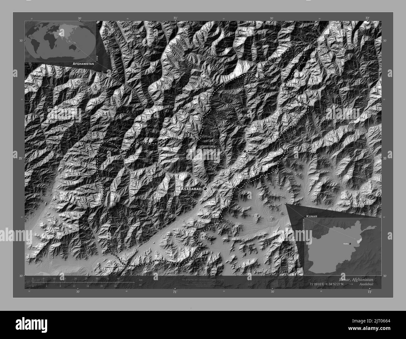 Kunar, province of Afghanistan. Bilevel elevation map with lakes and ...