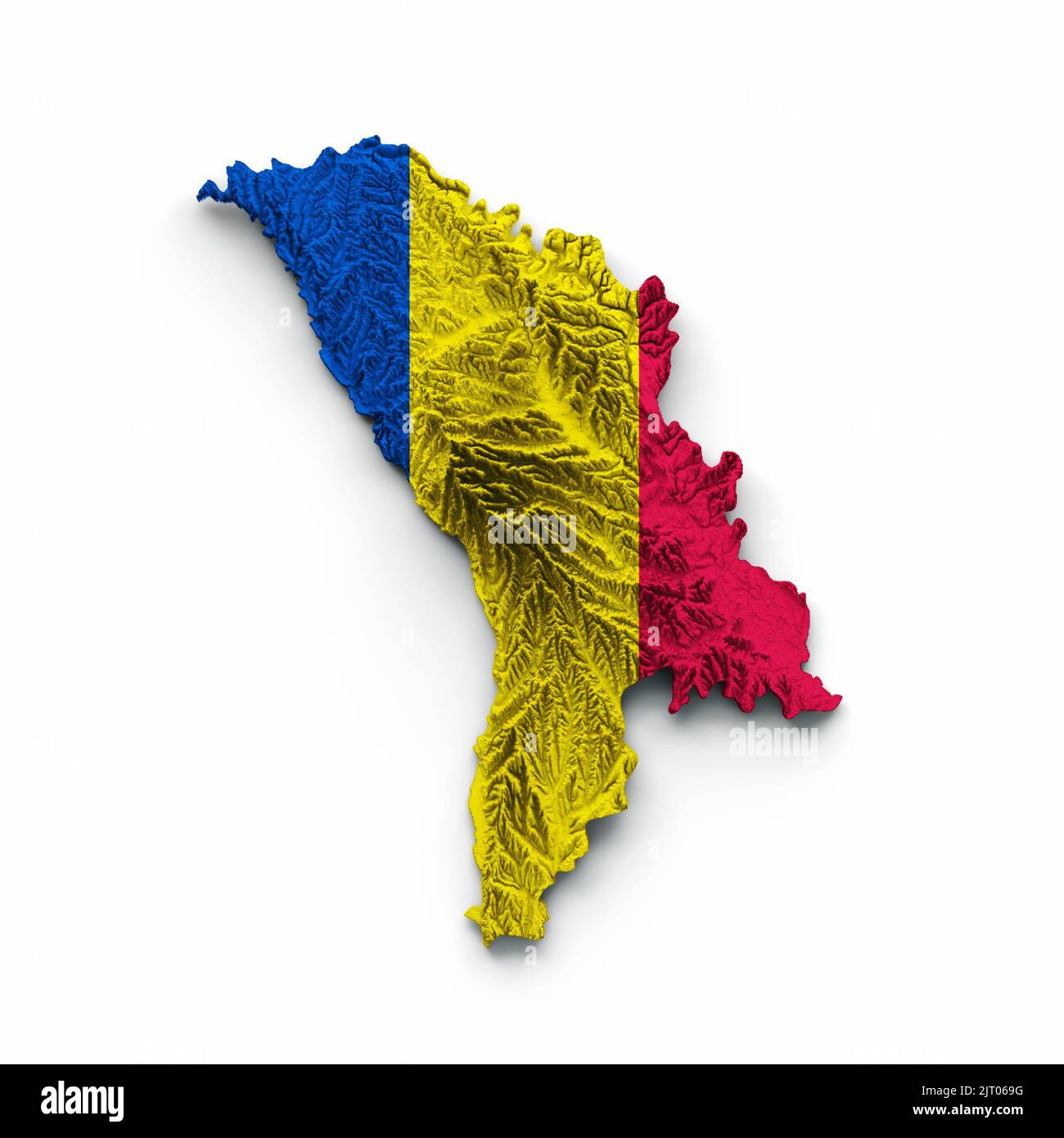 A 3D rendering of the map of Moldova with shaded relief on the white ...