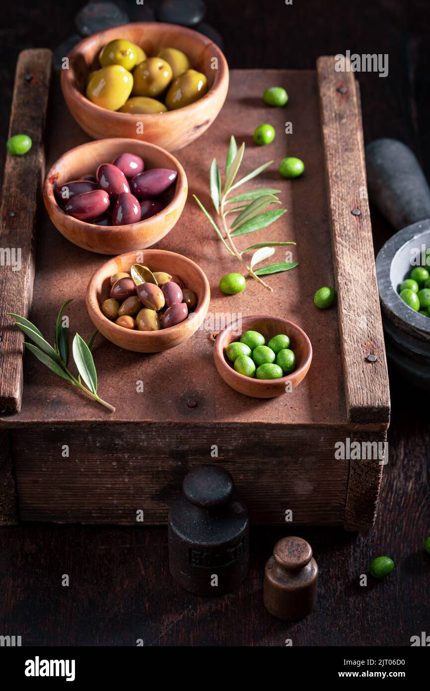 Set of olives with extra virgin olive oil. Preserves made from olives ...
