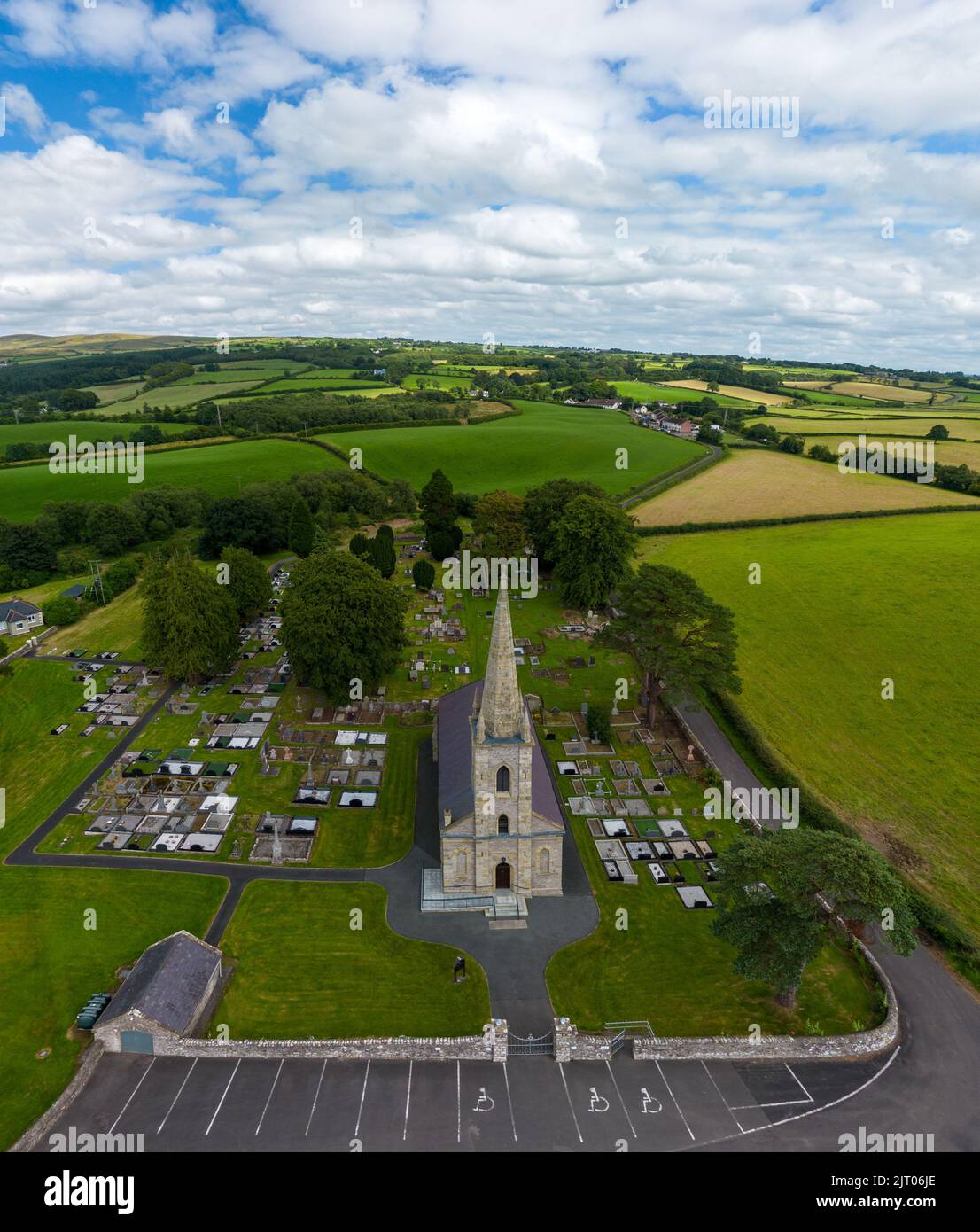 An aerial drone view of the Cappagh Parish Church in Northern Ireland ...