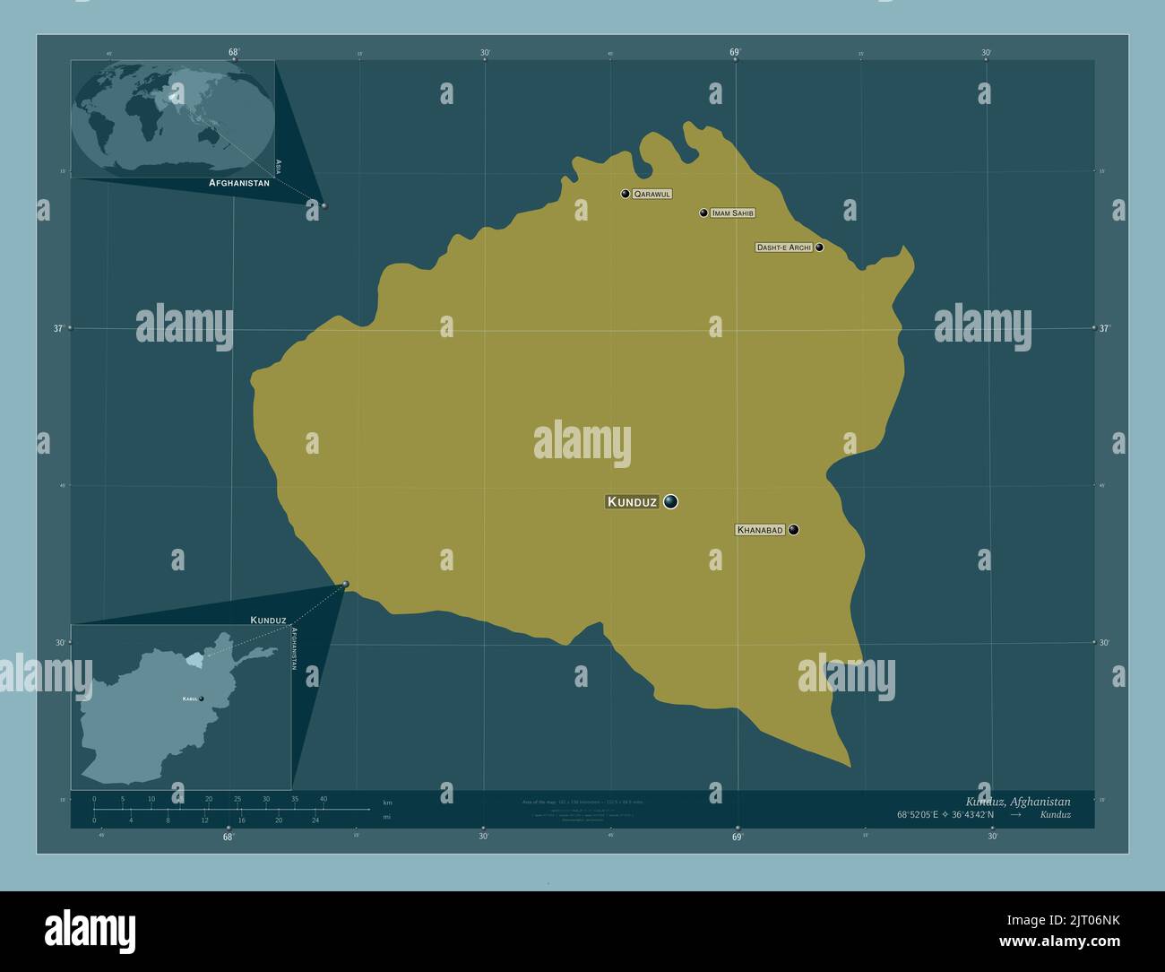 Kunduz, province of Afghanistan. Solid color shape. Locations and names ...