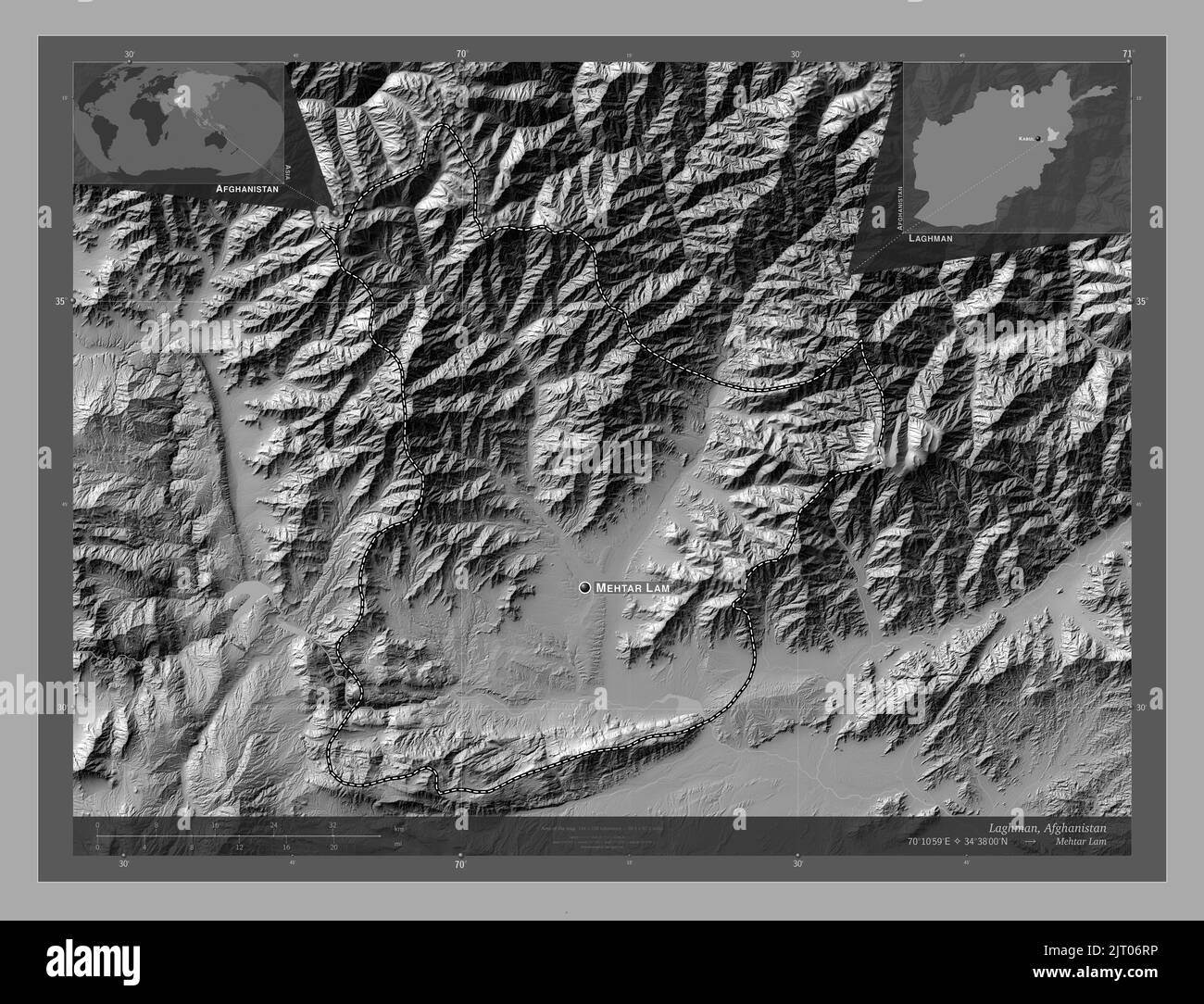 Laghman, province of Afghanistan. Bilevel elevation map with lakes and ...