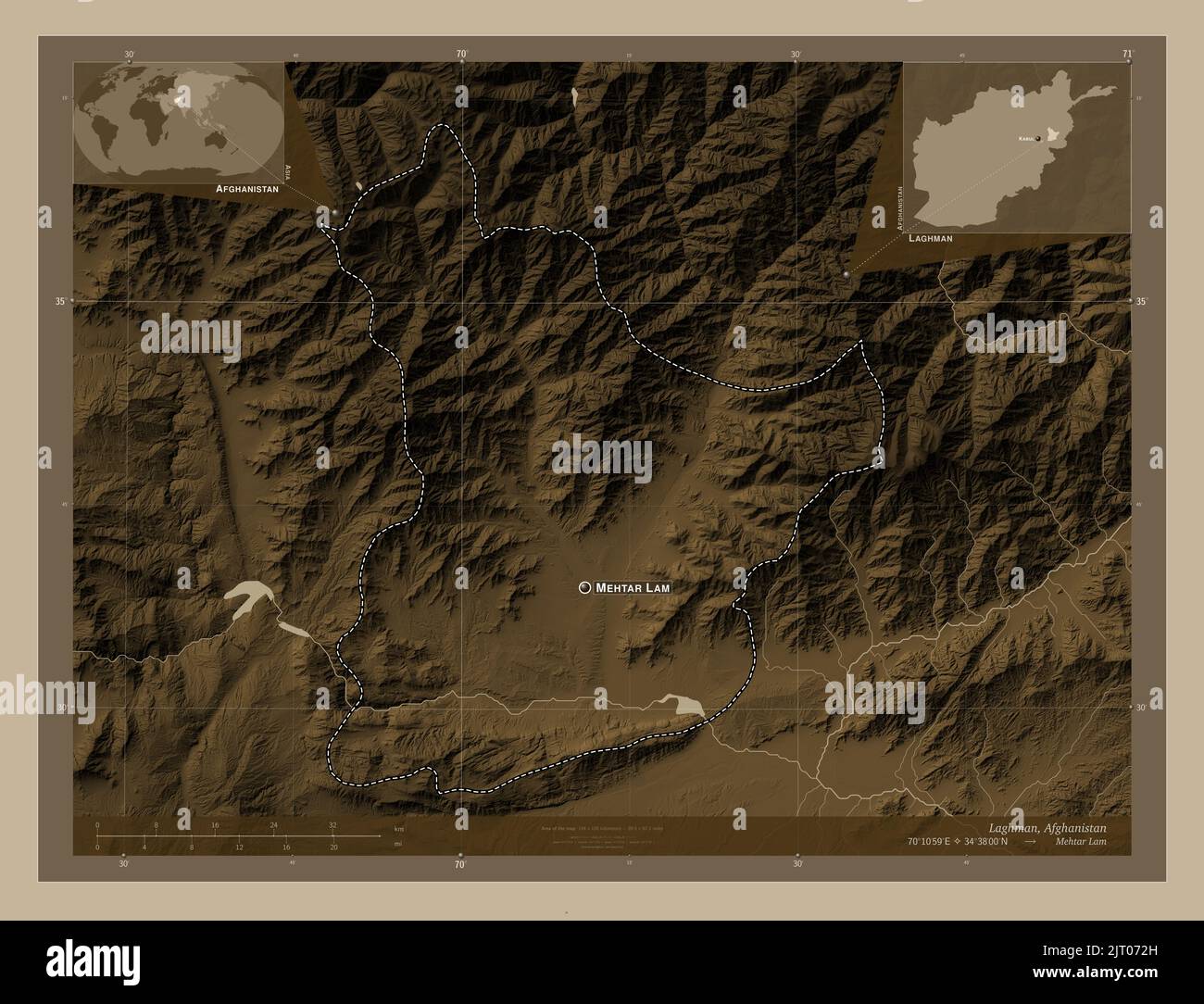 Laghman, province of Afghanistan. Elevation map colored in sepia tones ...