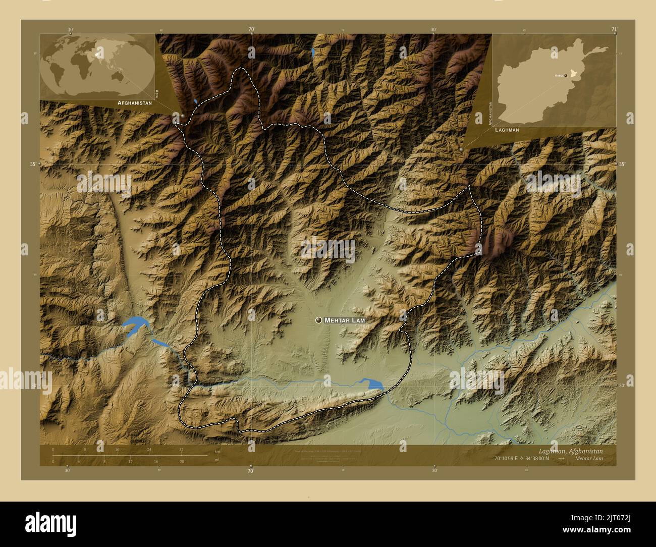Laghman, province of Afghanistan. Colored elevation map with lakes and ...