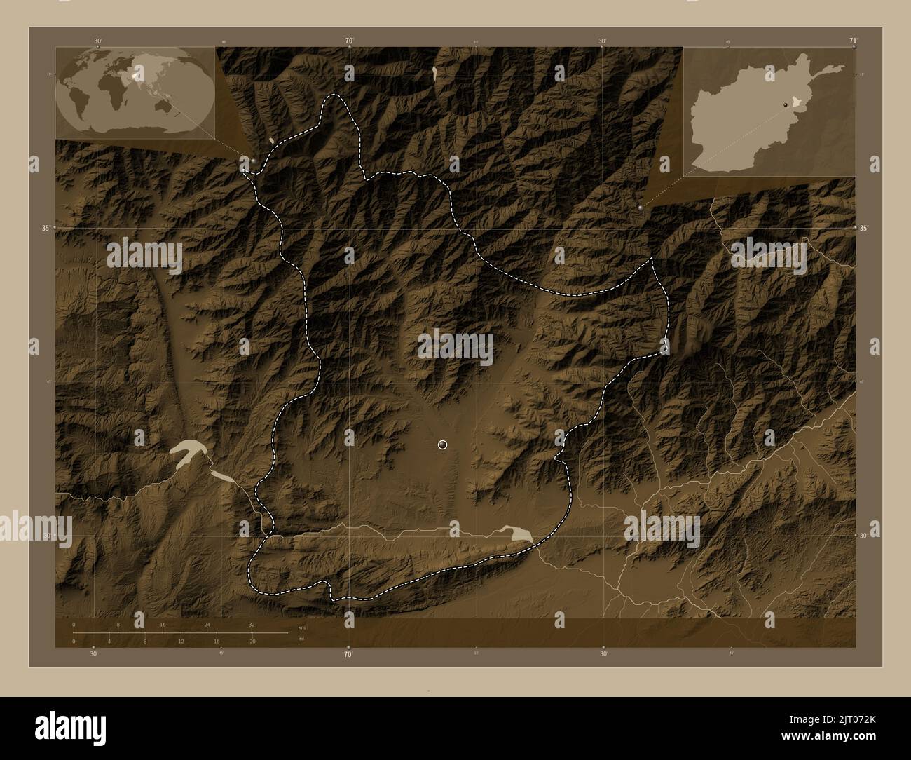 Laghman, province of Afghanistan. Elevation map colored in sepia tones ...