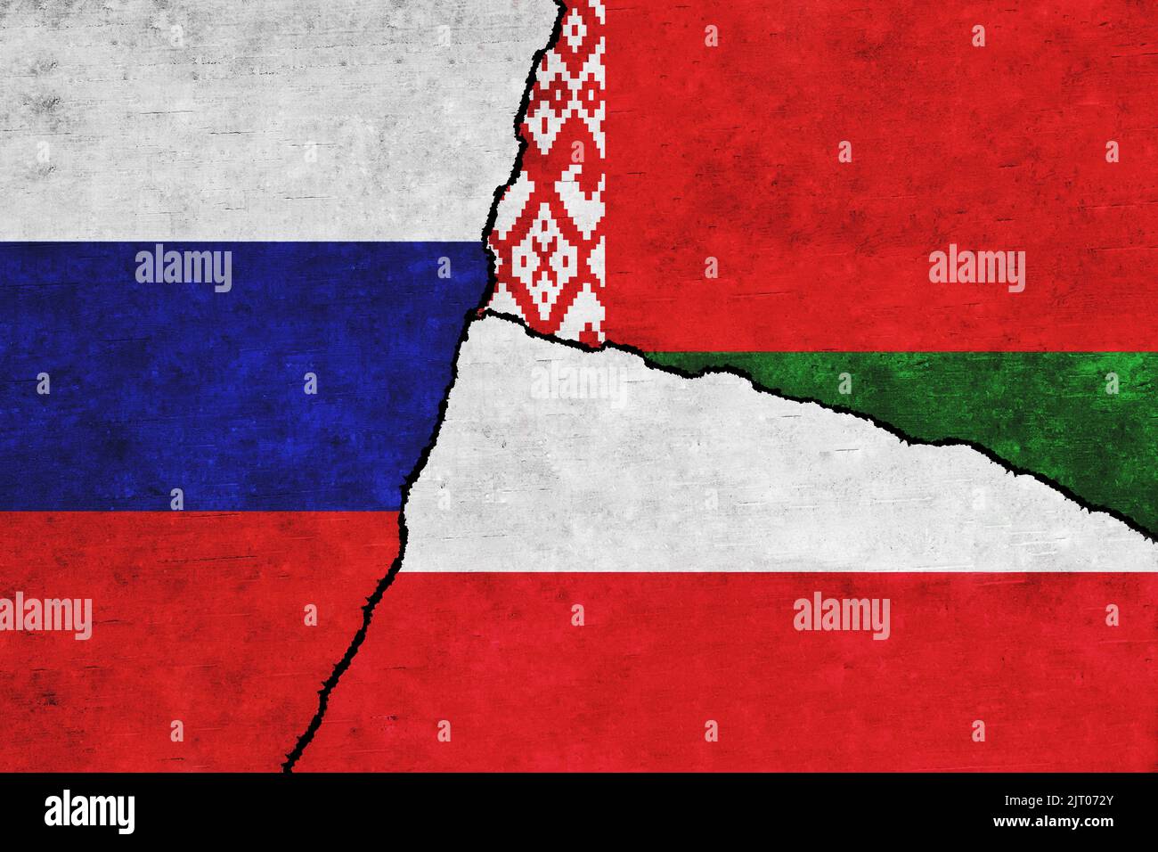 Russia, Poland and Belarus painted flags on a wall with a crack. Russia ... Russia, Poland and Belarus painted flags on a wall with a crack. Russia ...