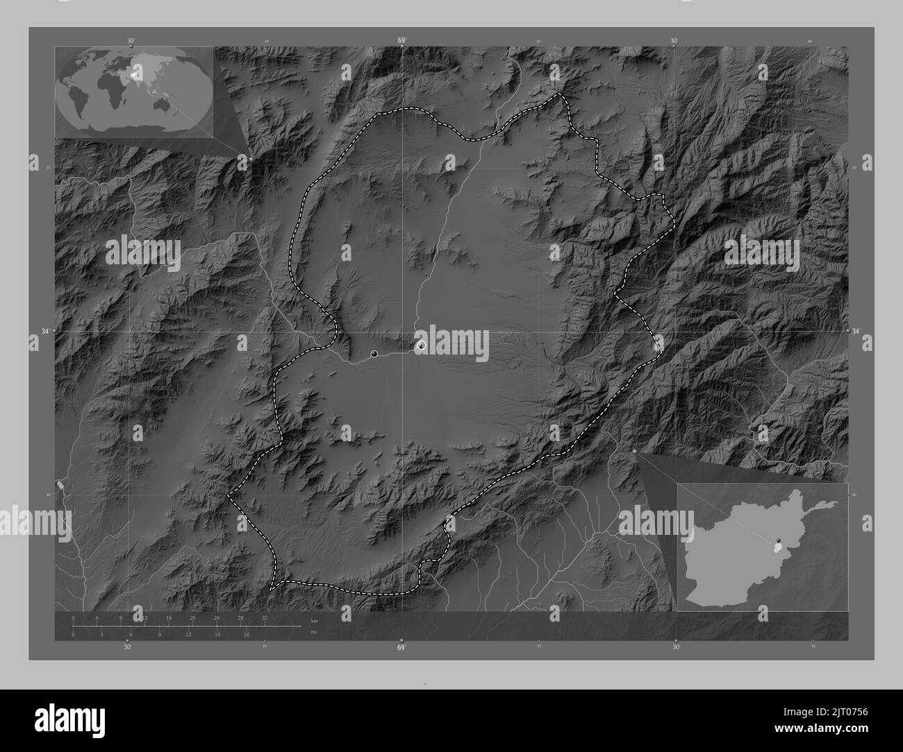 Logar, province of Afghanistan. Grayscale elevation map with lakes and ...