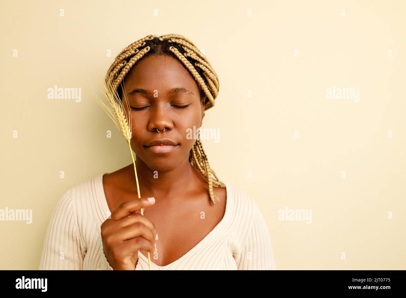 African american woman with braids and wheat plants Stock Photo - Alamy