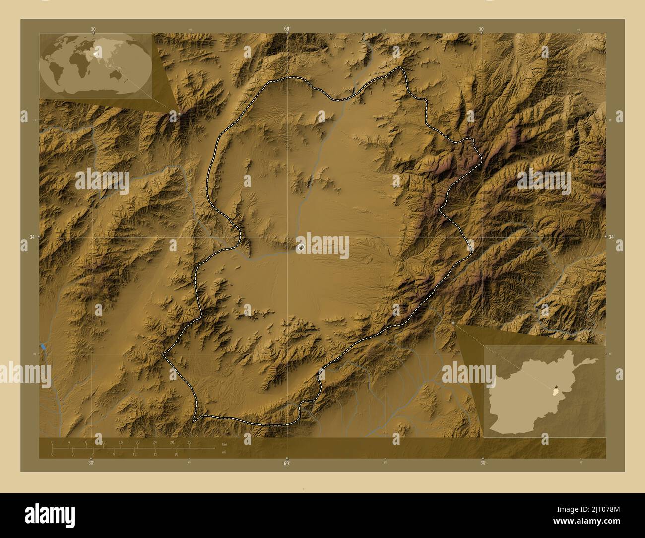 Logar, province of Afghanistan. Colored elevation map with lakes and ...