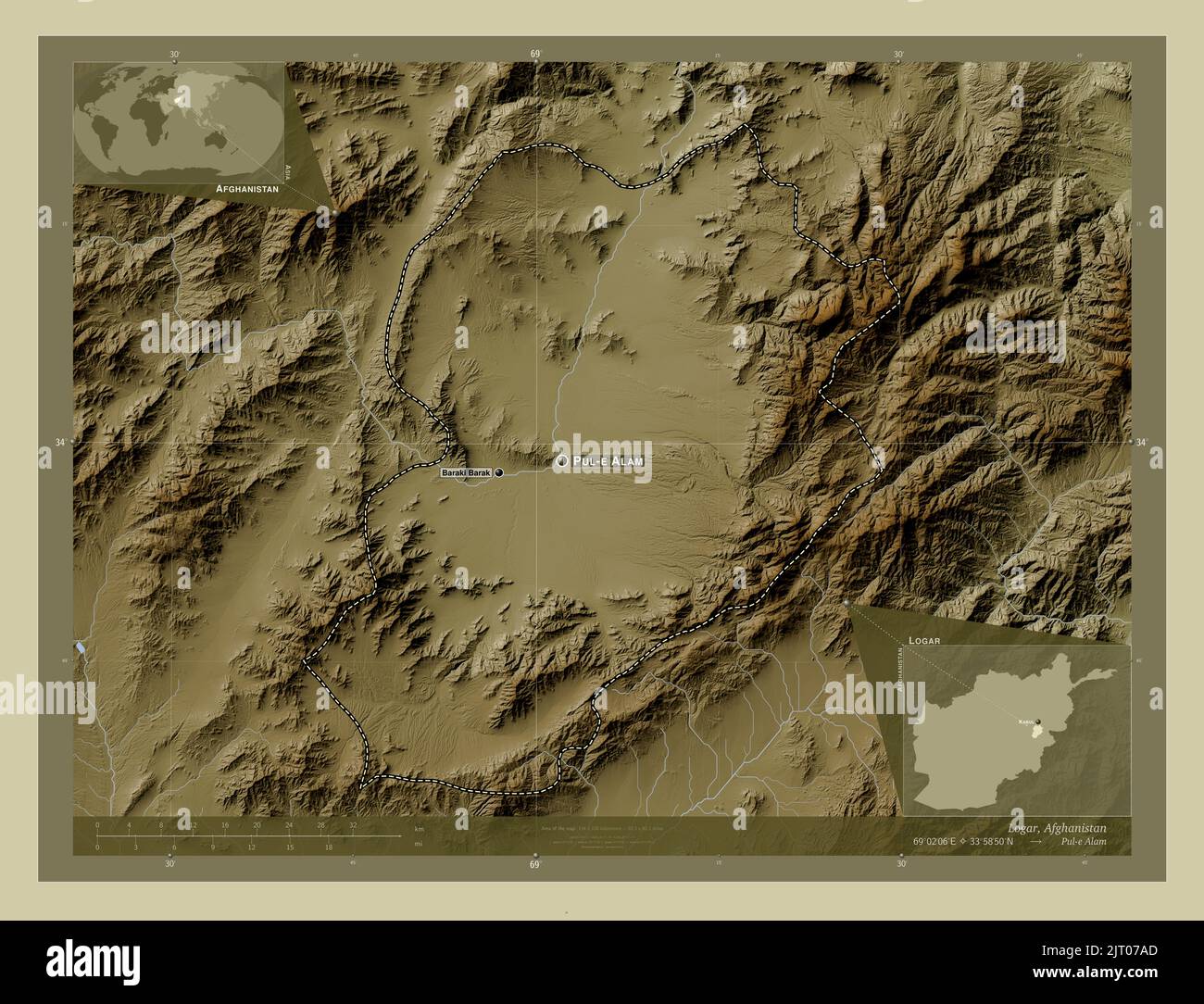 Logar, province of Afghanistan. Elevation map colored in wiki style ...