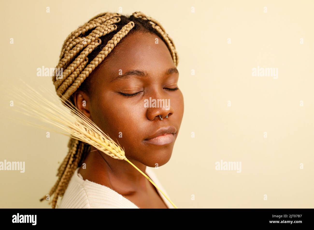 African american woman with braids and wheat plants Stock Photo - Alamy
