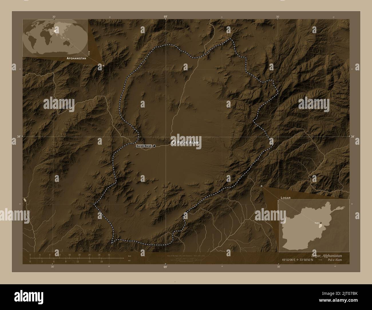 Logar, province of Afghanistan. Elevation map colored in sepia tones ...