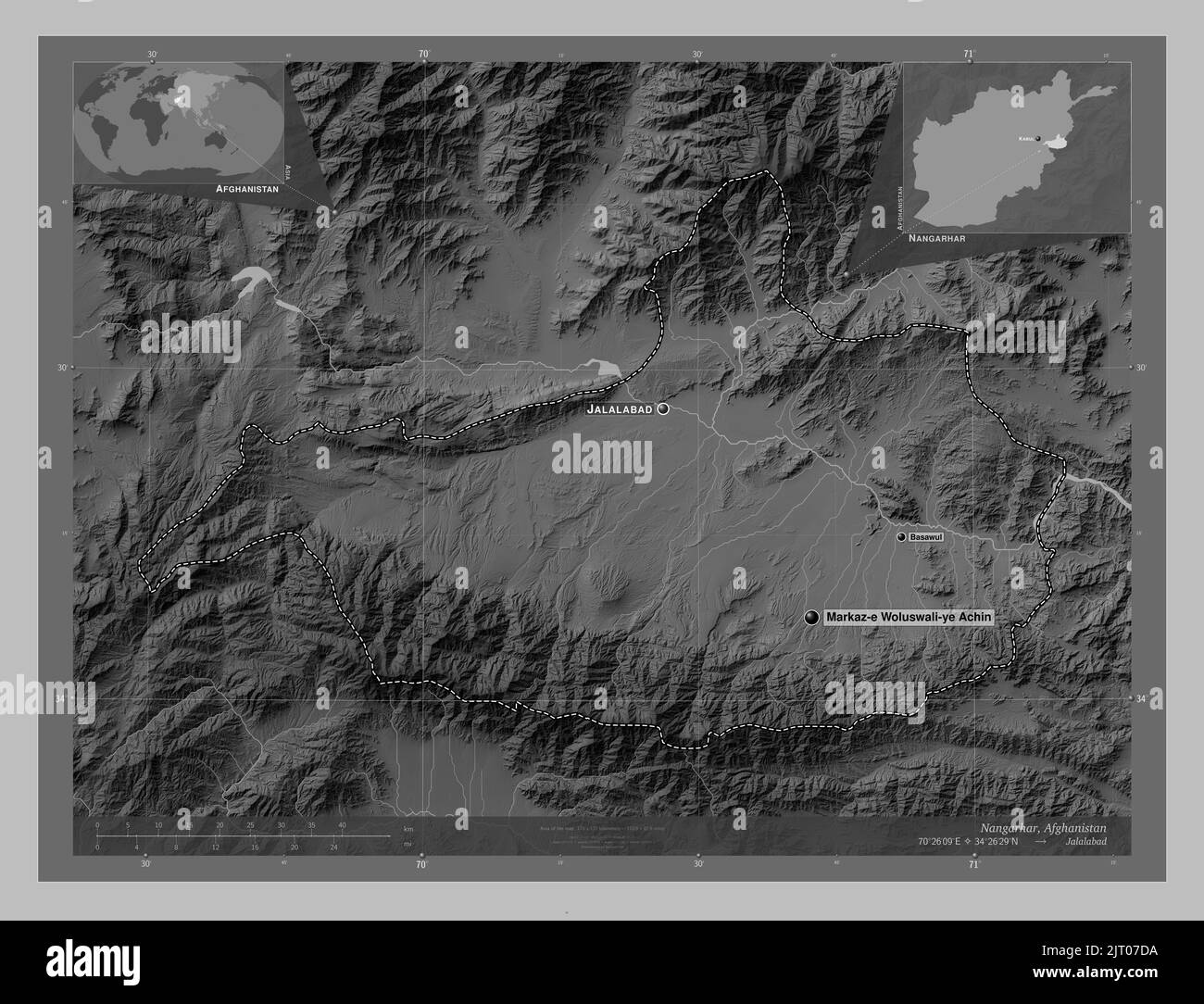 Nangarhar, province of Afghanistan. Grayscale elevation map with lakes ...