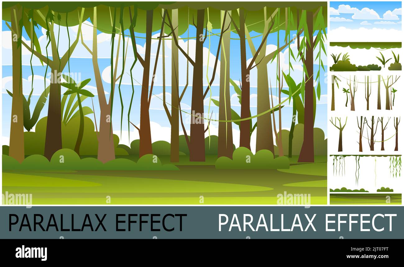 Jungle illustration. Sky. Dense wild-growing tropical plants with tall ...