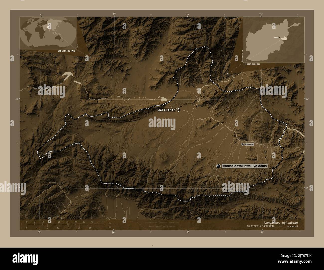 Nangarhar, province of Afghanistan. Elevation map colored in sepia ...