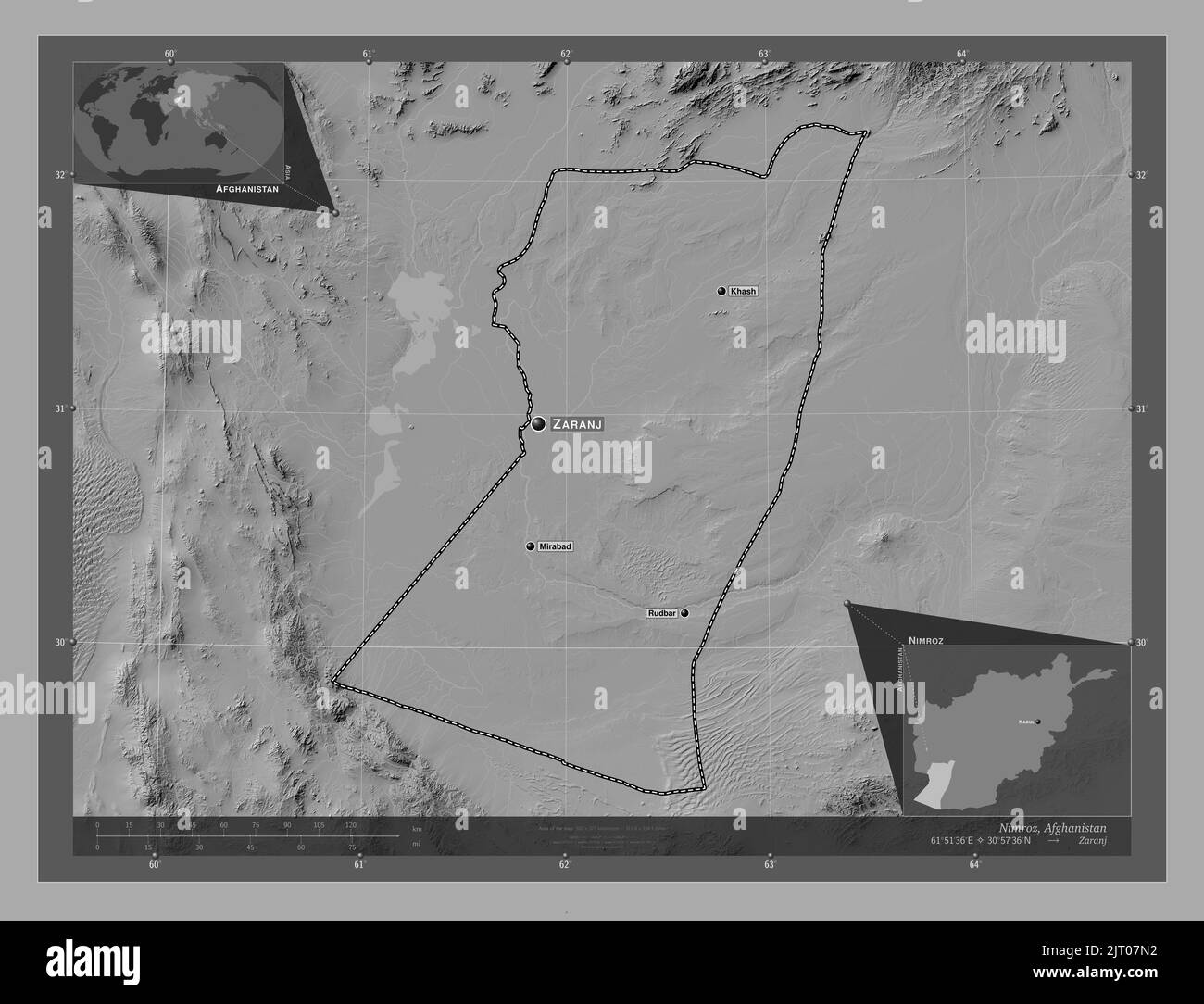 Nimroz, province of Afghanistan. Bilevel elevation map with lakes and ...