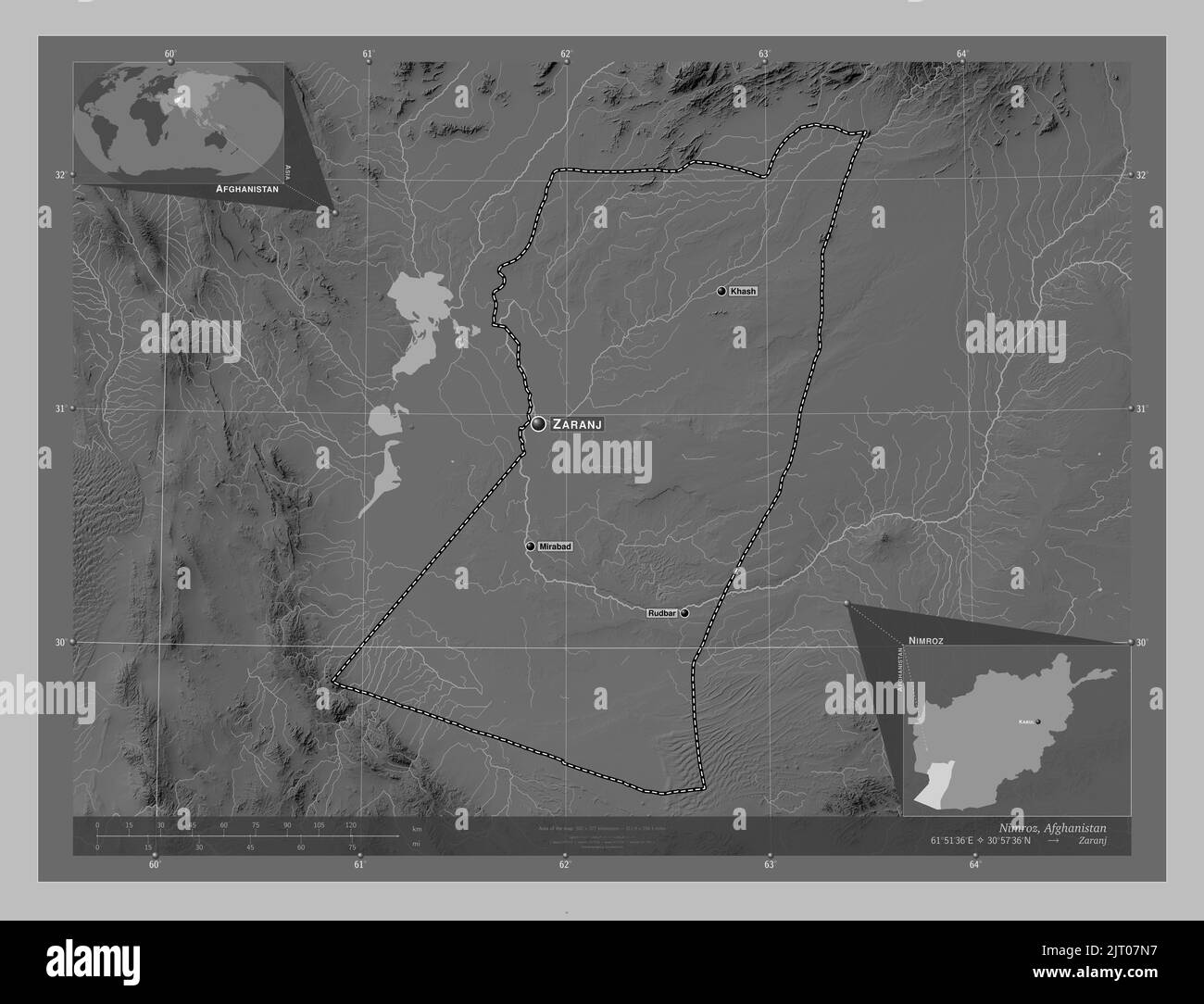 Nimroz, province of Afghanistan. Grayscale elevation map with lakes and ...