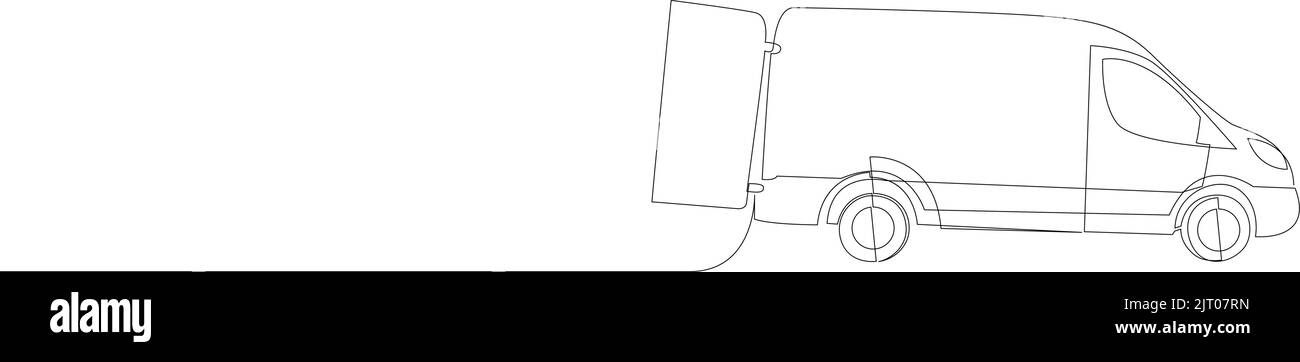 Cargo van with open doors continuous one line drawing. Truck, lorry ...