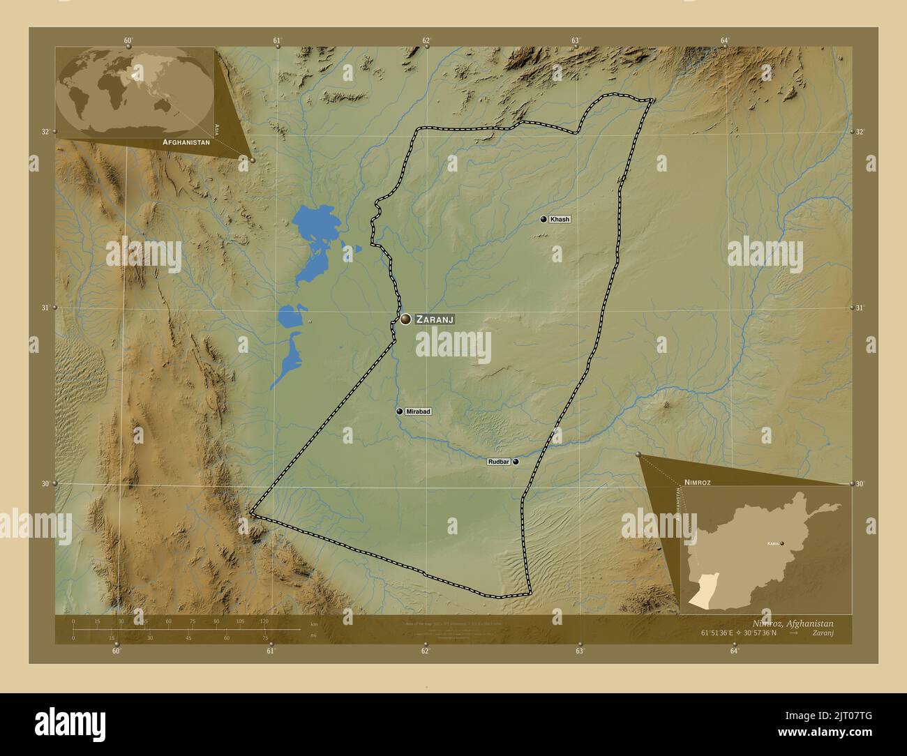 Nimroz, province of Afghanistan. Colored elevation map with lakes and ...
