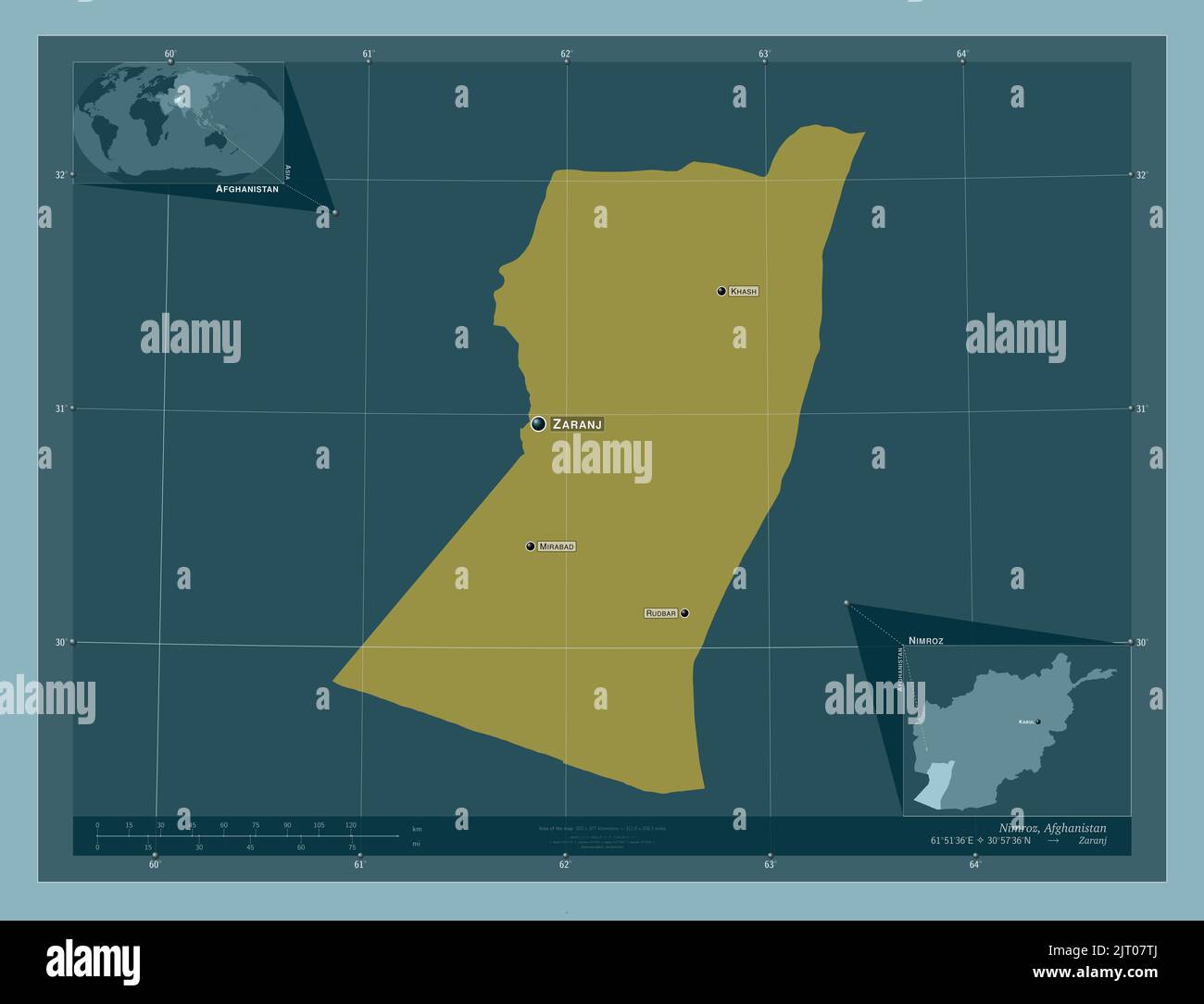 Nimroz, province of Afghanistan. Solid color shape. Locations and names ...