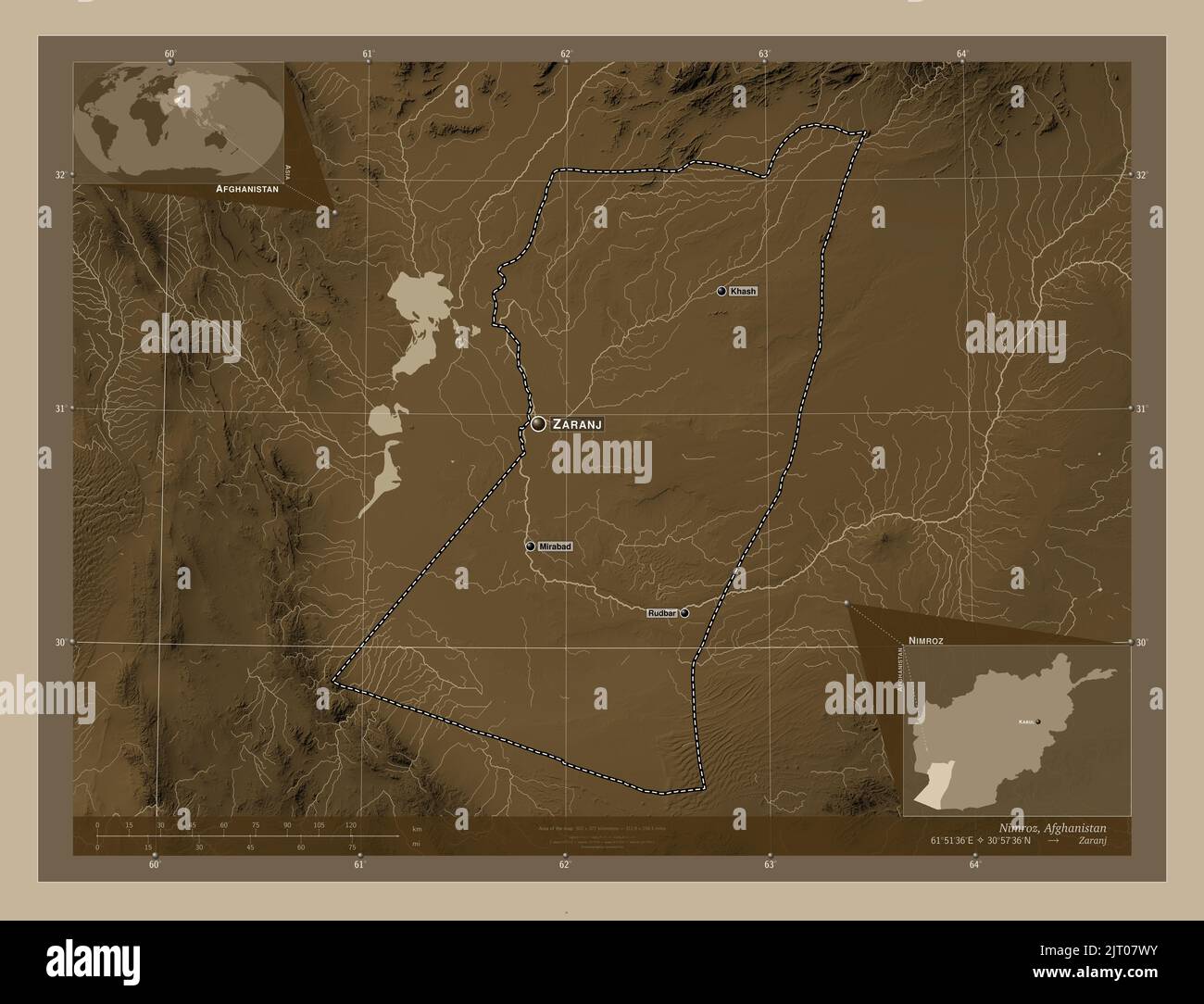 Nimroz, province of Afghanistan. Elevation map colored in sepia tones ...
