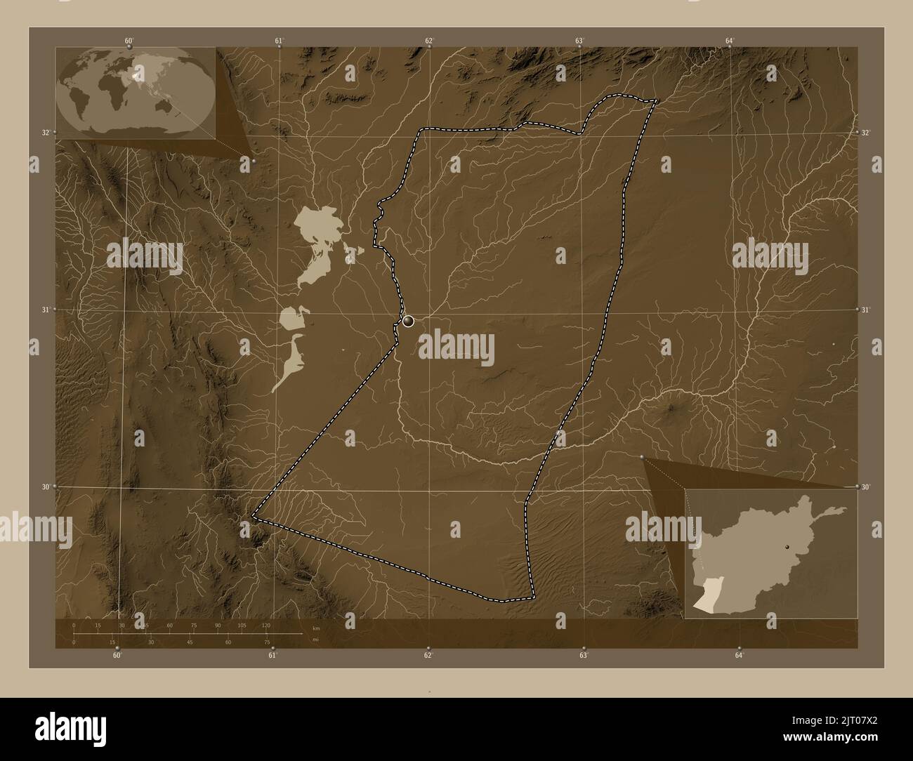 Nimroz, province of Afghanistan. Elevation map colored in sepia tones ...
