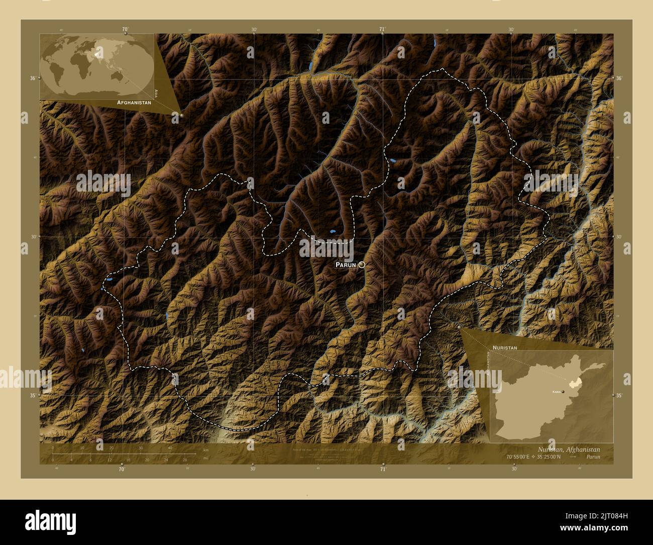 Nuristan, province of Afghanistan. Colored elevation map with lakes and ...