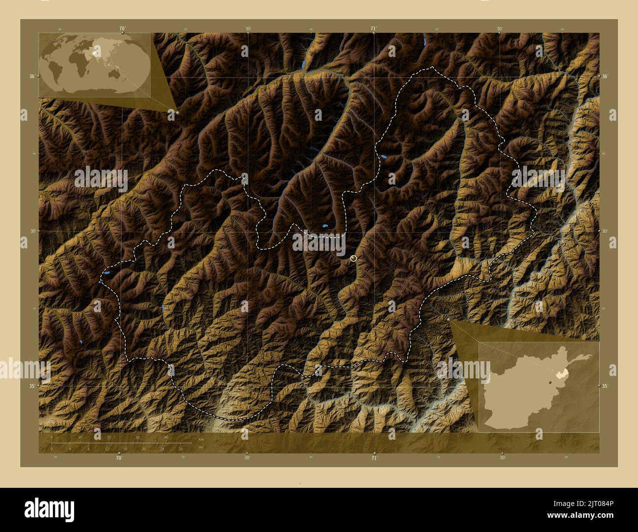 Nuristan, province of Afghanistan. Colored elevation map with lakes and ...