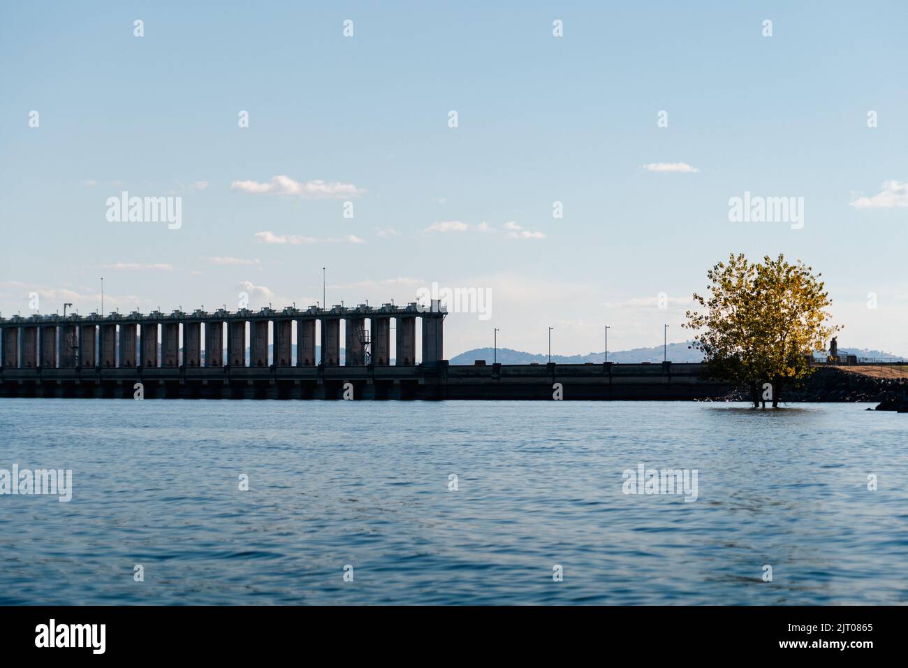 A distant view of the Hume Dam in Riverina, New South Wales, Australia ...