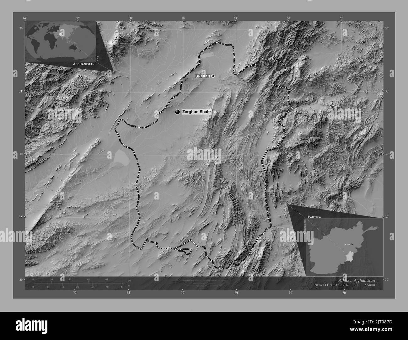 Paktika, province of Afghanistan. Bilevel elevation map with lakes and ...