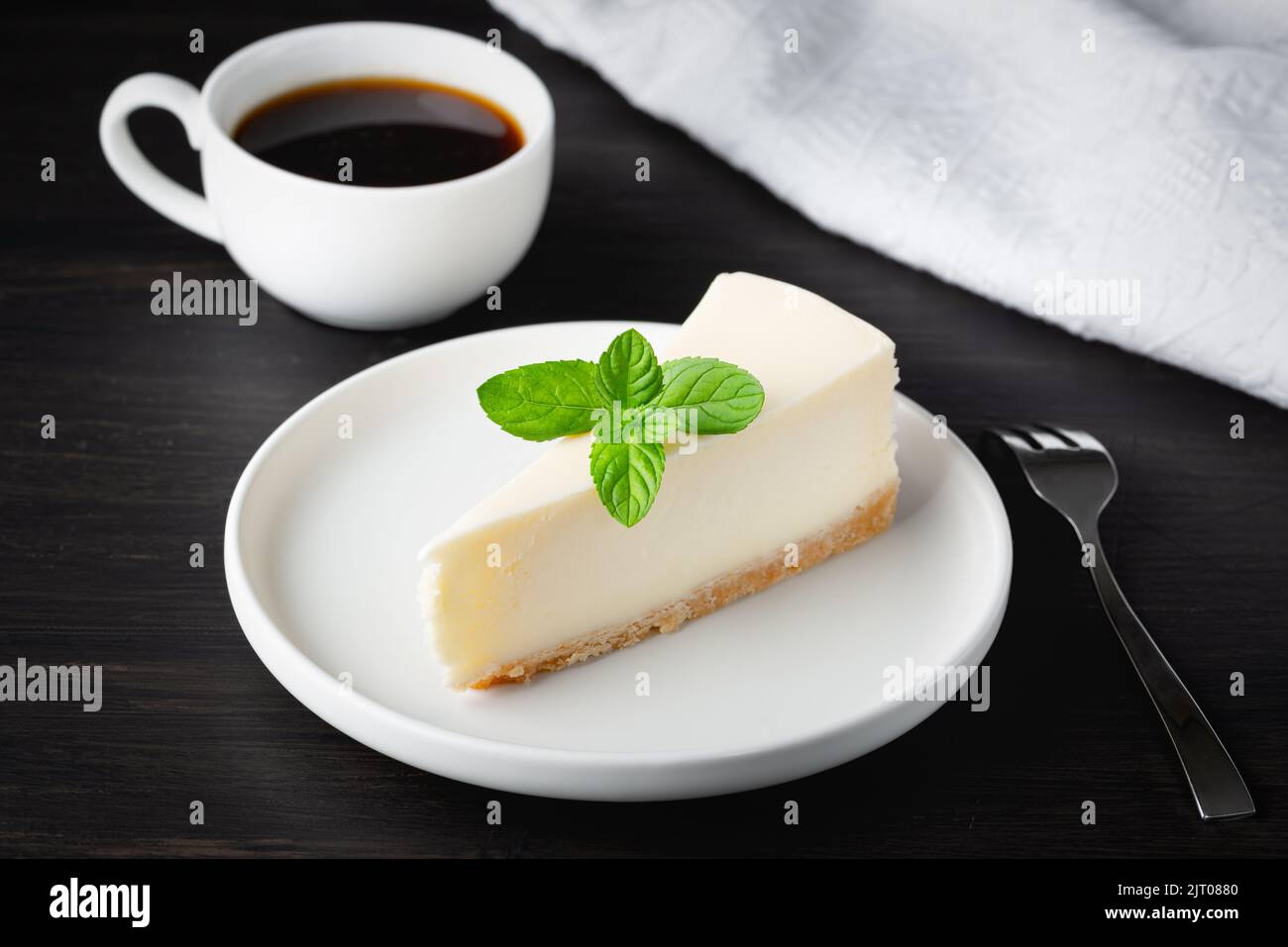 Classical New York Style Cheesecake And Coffee On Table. Side View ...